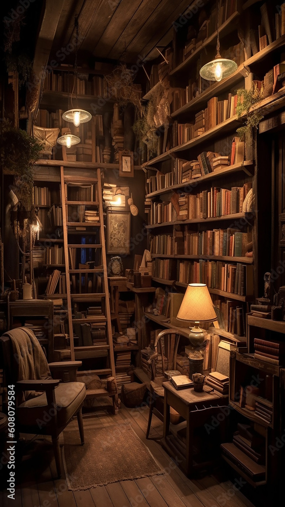 an antique bookstore filled with rows of well-loved books, rustic ...