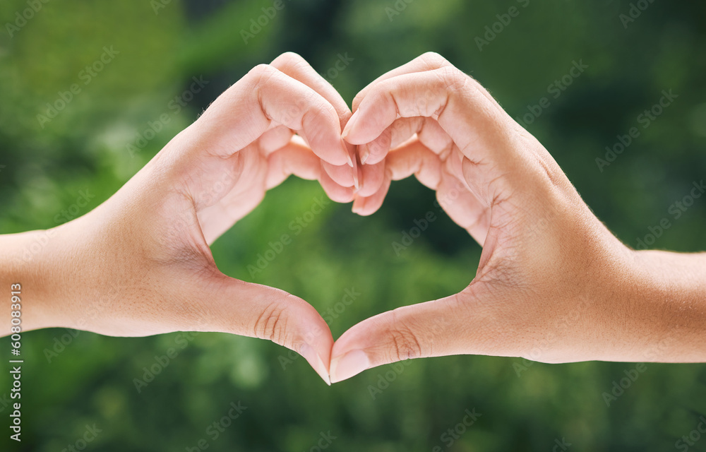 Hands, heart and emoji with eco friendly friends outdoor together in ...