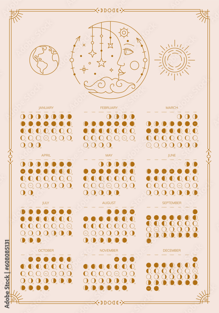 Photo & Art Print Moon calendar template, lunar phases, moonlight ...