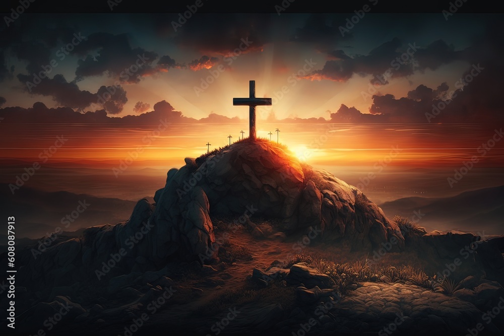 Crosses in the mountains at sunset. Vector illustration for your design ...