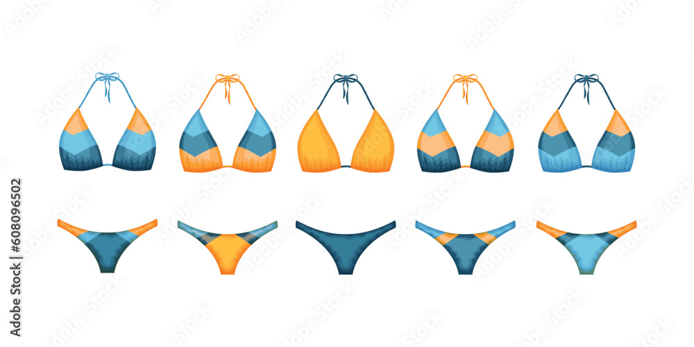 Swimwear set. A separate swimsuit in blue and yellow. Collection of ...