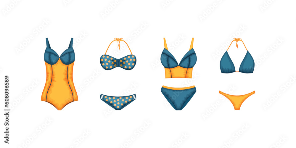 Swimwear set. A separate swimsuit in blue and yellow. Collection of ...