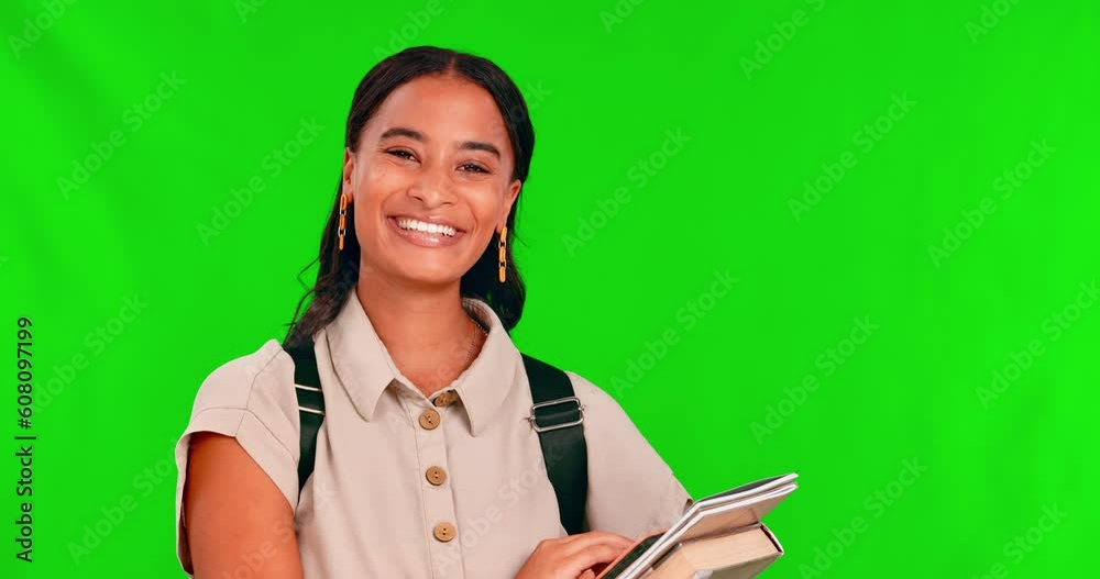 University student, green screen and woman face pointing to college ...