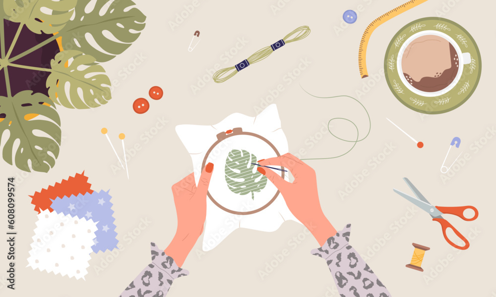 Embroidery process. Workshop, needlework and knitting. Female hands ...