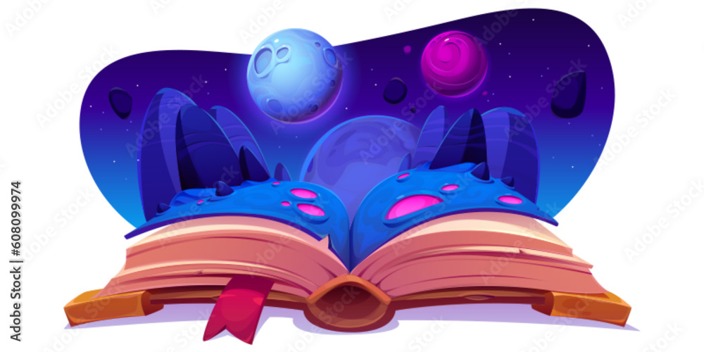 Open book with fantasy space landscape on pages isolated on white ...