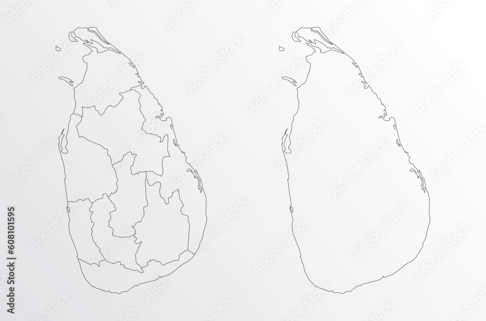 Black Outline vector Map of Sri Lanka with regions on white background ...
