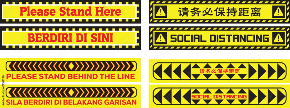 3 language social distance signage icon precaution warning rectangle ...