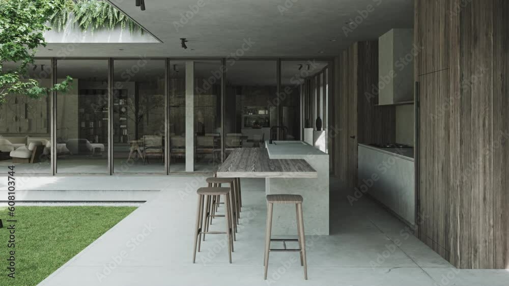 Elite modern house with terrace with exit to lawn and bar table with ...