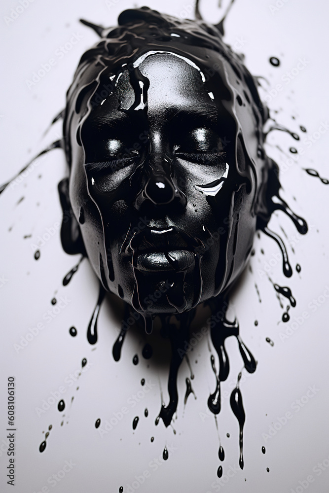 Abstract human face appears from the puddle of black liquid on the ...