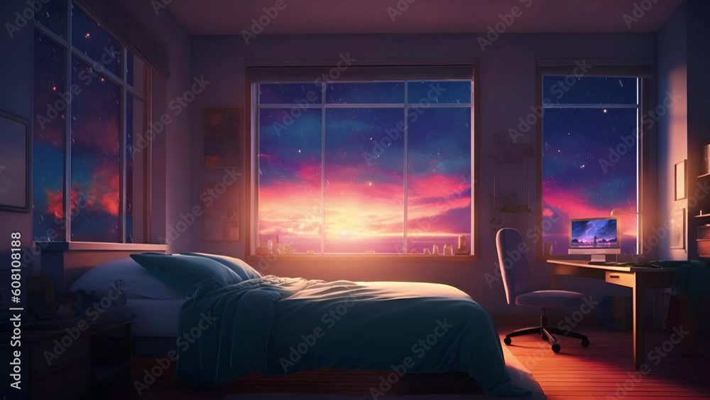 Cozy Sunset Raining Bedroom is a Vtuber Background used for twitch, and ...