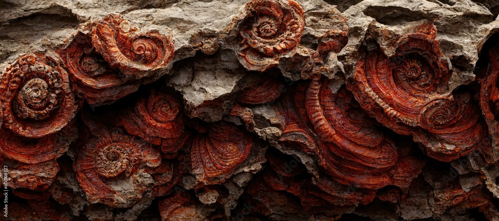 Fossilized ammonite sea shell spirals embedded into rustic brown red ...