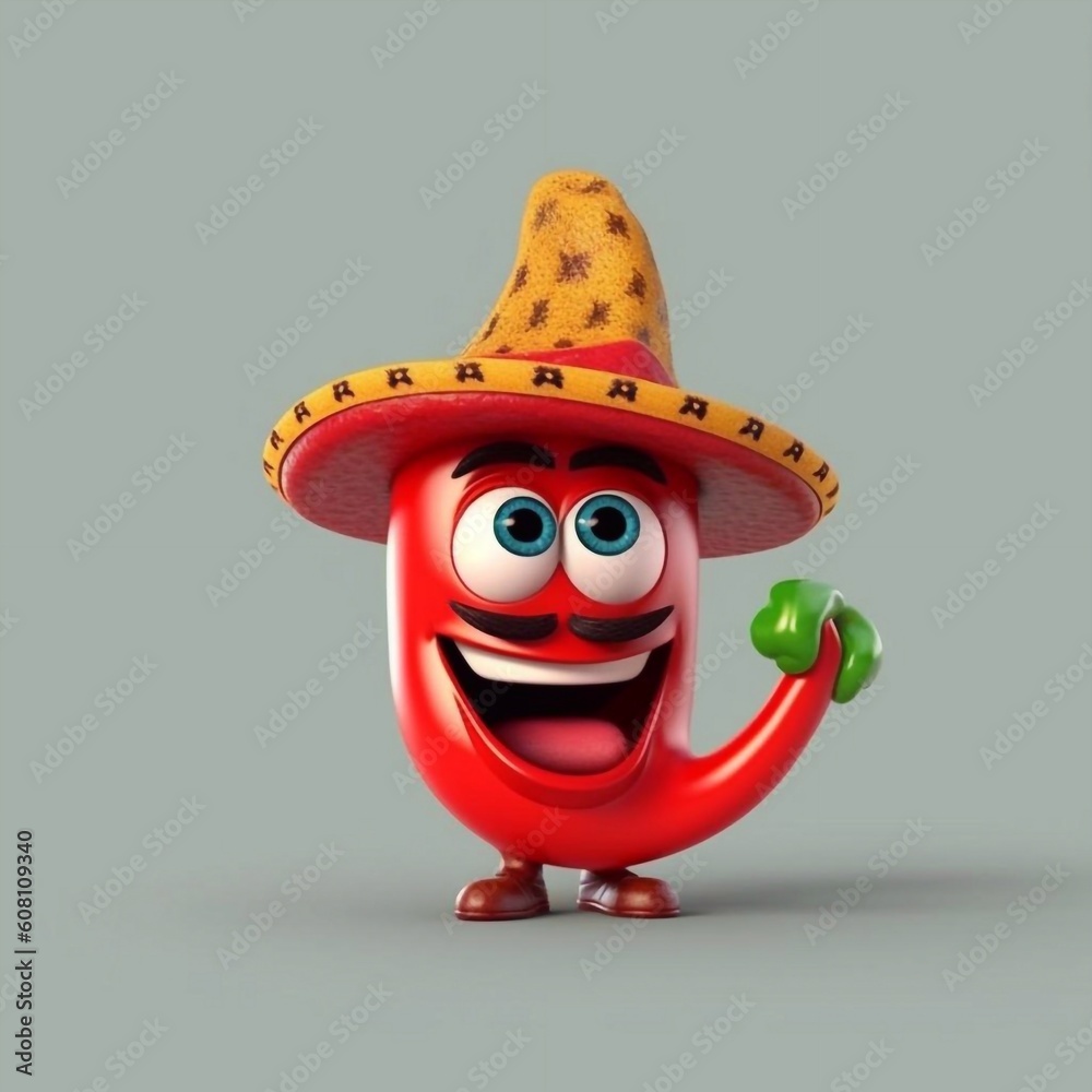 Cartoon chili character wearing sambrrero hat render isolated. Cheerful ...