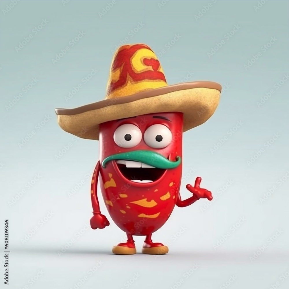 Cartoon chili character wearing sambrrero hat render isolated. Cheerful ...