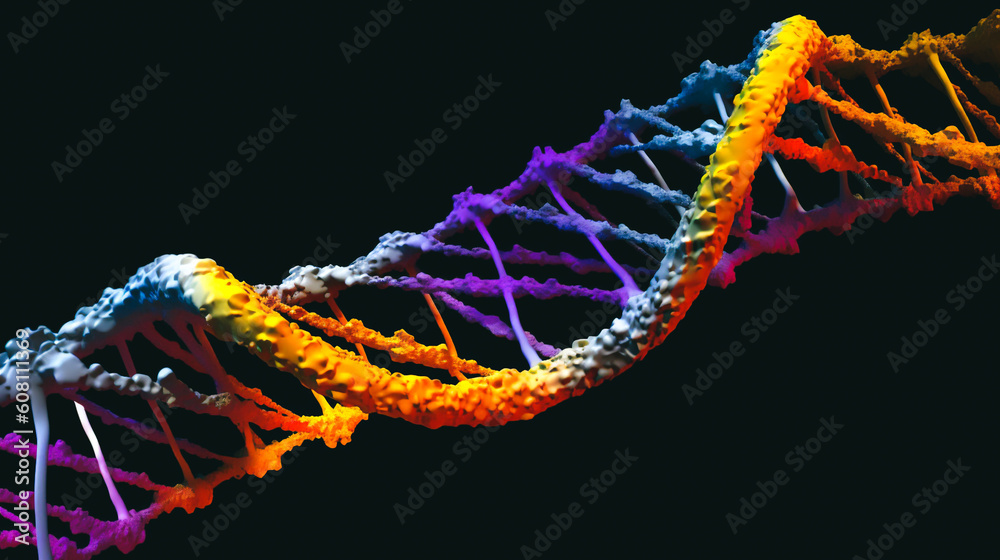 a close-up of a DNA double helix structure, with various colored strands intertwining and ...