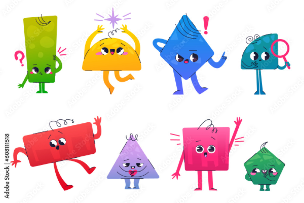 Cute math geometric figure shape cartoon vector character. Abstract ...