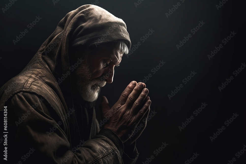 Old man praying in the dark room with his hands folded in prayer ...