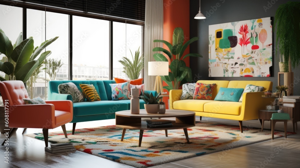 A modern retro-style living room with a vibrant color palette and bold ...