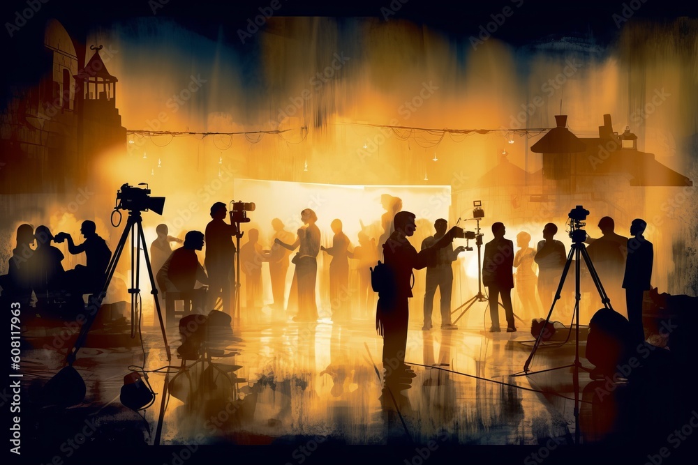 Retro Movie Set: A Featuring Silhouettes of People Filming a Motion ...