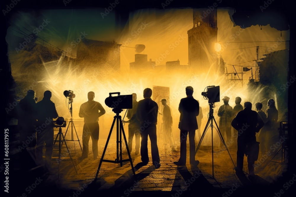 Retro Movie Set: A Featuring Silhouettes of People Filming a Motion ...