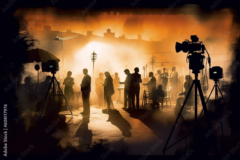 Retro Movie Set: A Featuring Silhouettes of People Filming a Motion ...