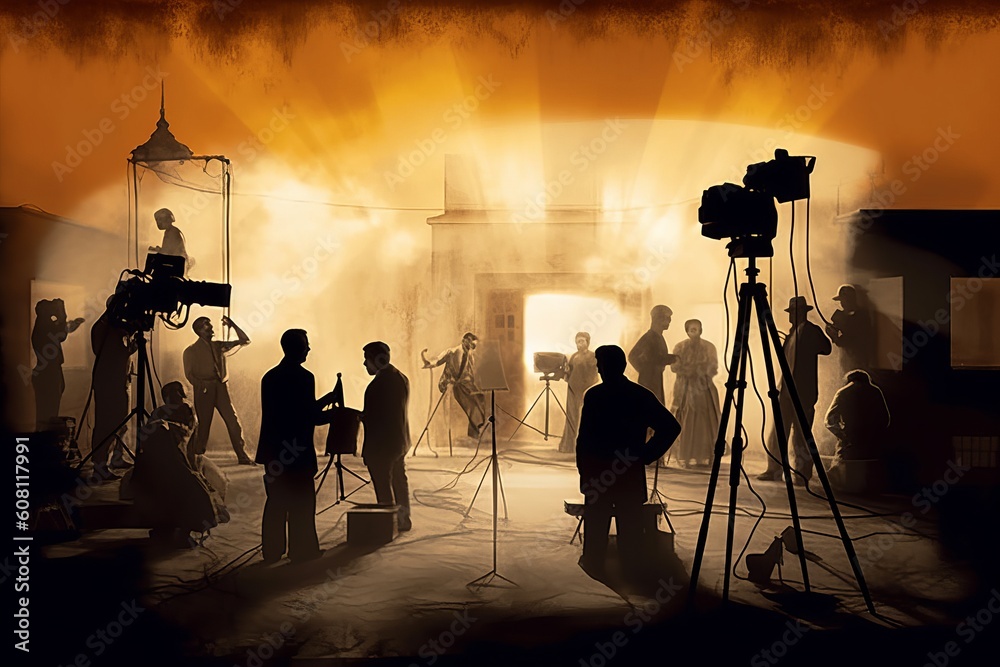 Retro Movie Set: A Featuring Silhouettes of People Filming a Motion ...