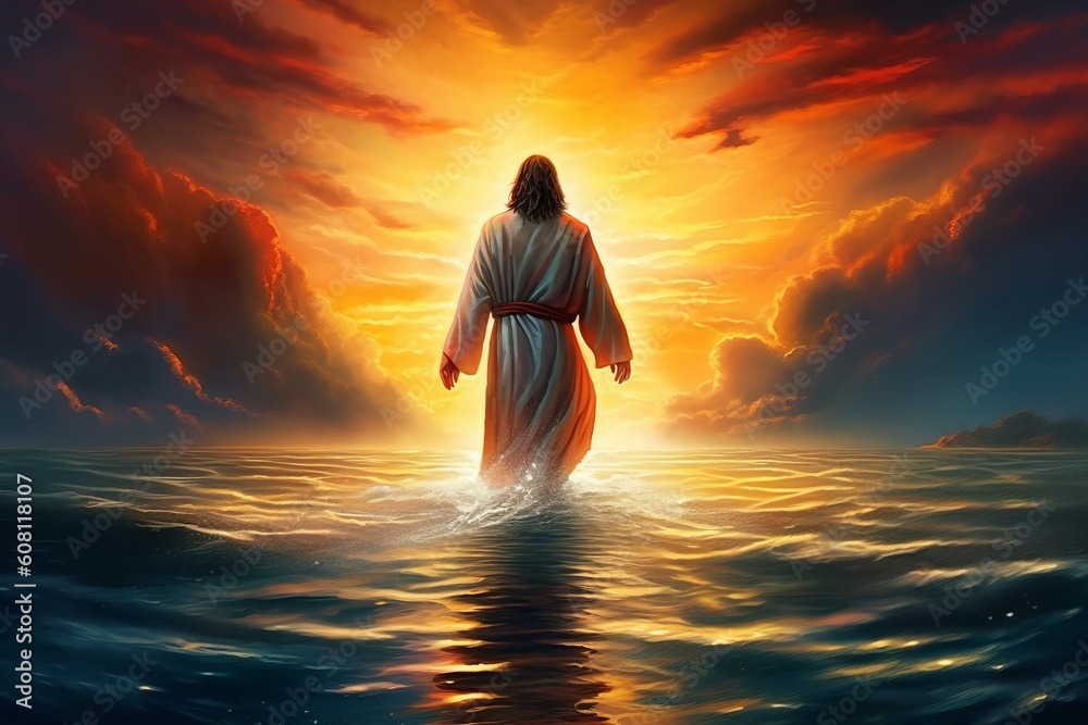 Jesus Walks on Water: A Breathtaking Sunset Scene, Generative AI. Stock ...