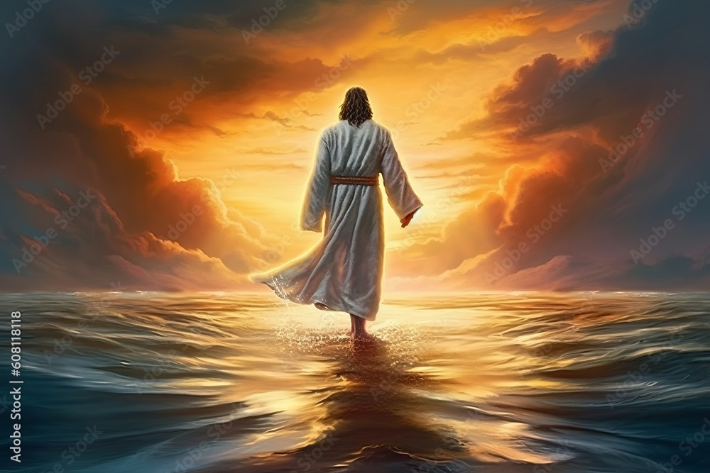 Jesus Walks on Water: A Breathtaking Sunset Scene, Generative AI. Stock ...
