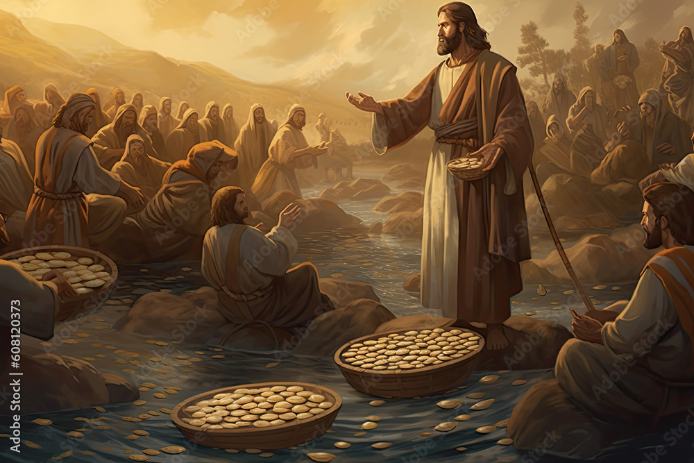 Jesus feeding the five thousand with bread and fish Bible story ...