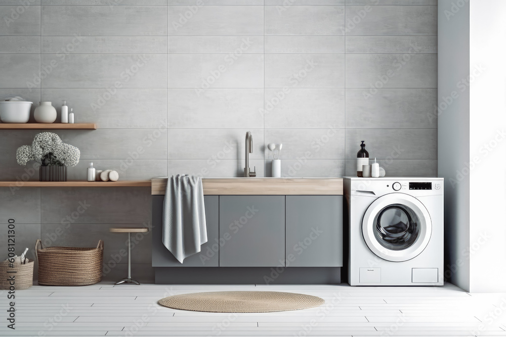 Grey laundry room sink washing machine. Minimalistic design interior of ...