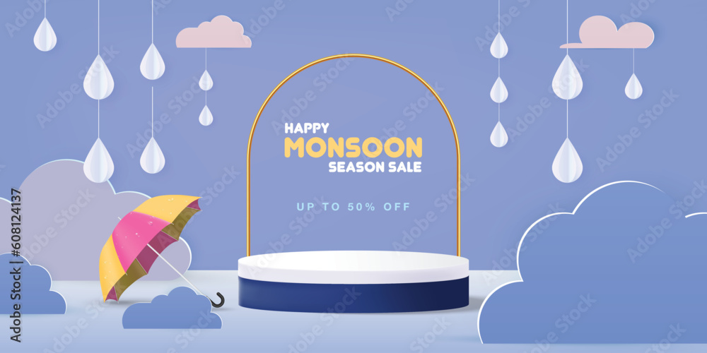 vector monsoon banner template with product podium, modern clouds ...