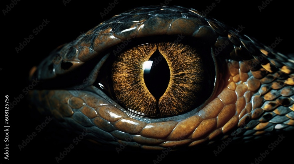 The close-up of the intense snake's eyes, with their orange color, AI ...