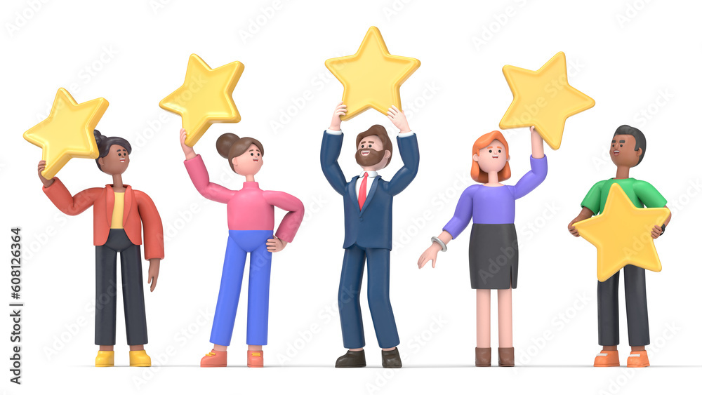3D illustration of cartoon characters are holding review stars over ...