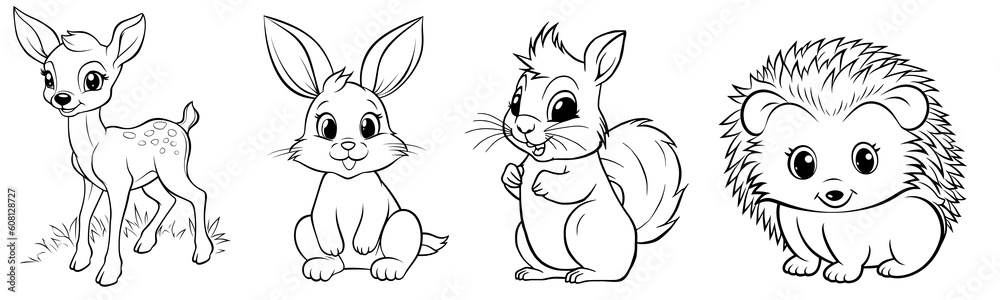 Forest animals - cute Fawn Deer, Hare, Squirrel and Hedgehog, simple ...