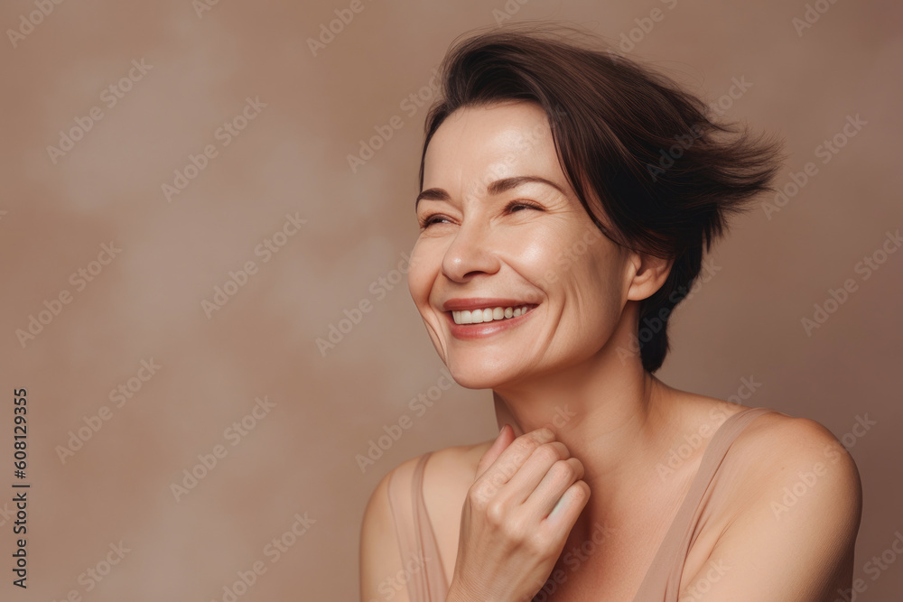Confident 45-Year-Old Woman Touching Her Flawless Skin and Smiling ...