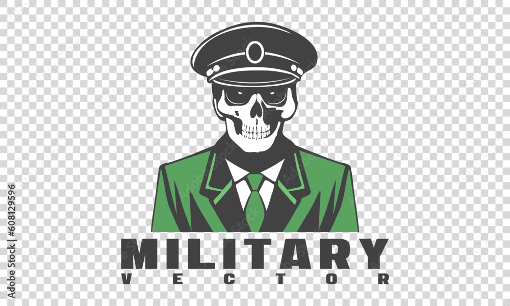 Vector portrait of a dead military man. A skeleton in a green suit and ...