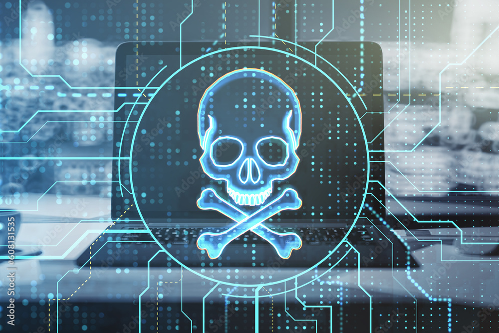 Hacking attack and ransomware creative concept with blue skull and ...