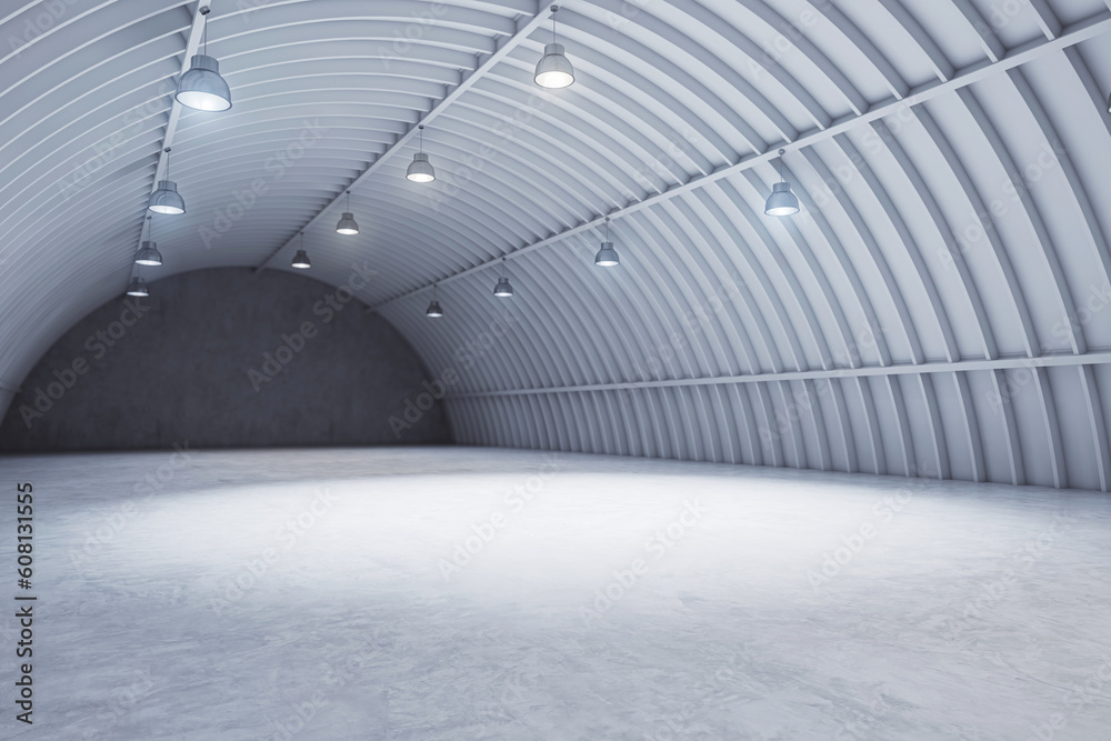 Perspective view grey hangar interior with spotlight and concrete floor ...