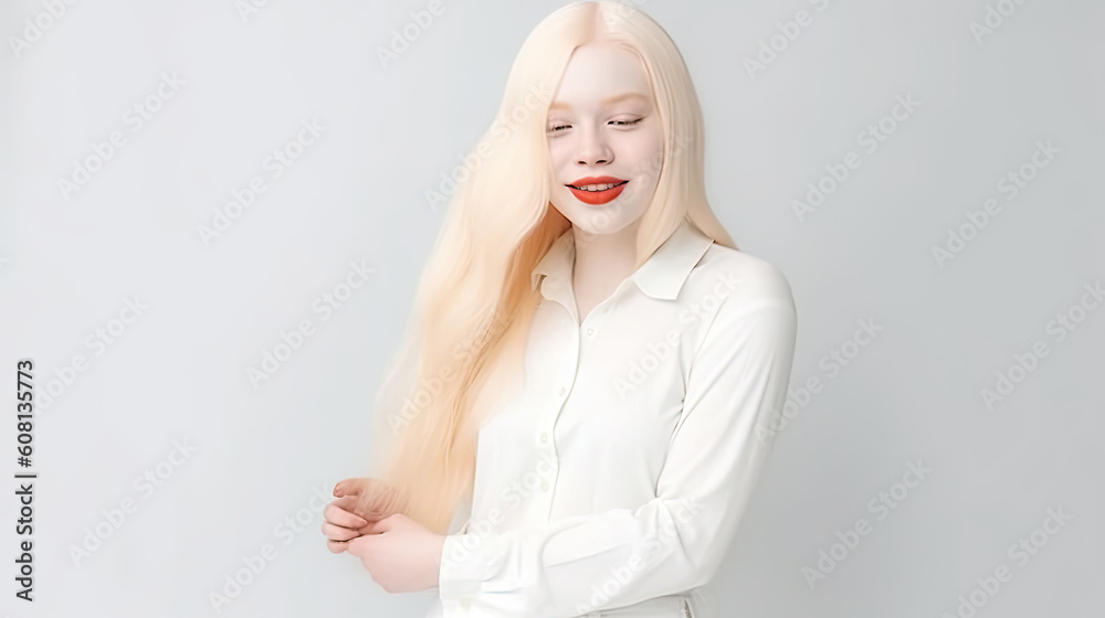 Smiling albino young woman close up portrait in white shirt on white ...