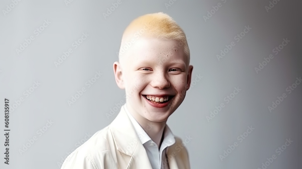 Smiling albino boy portrait in white shirt on solid white background ...