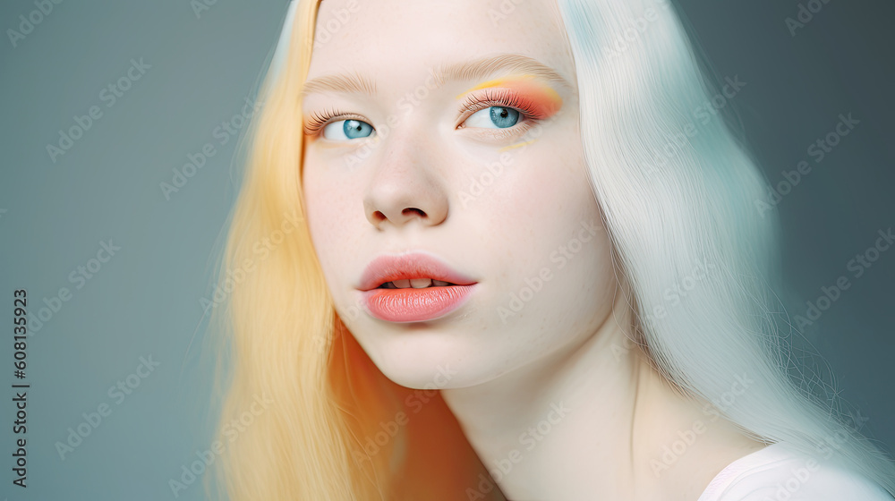 Smiling albino young woman close up portrait in white shirt on white ...