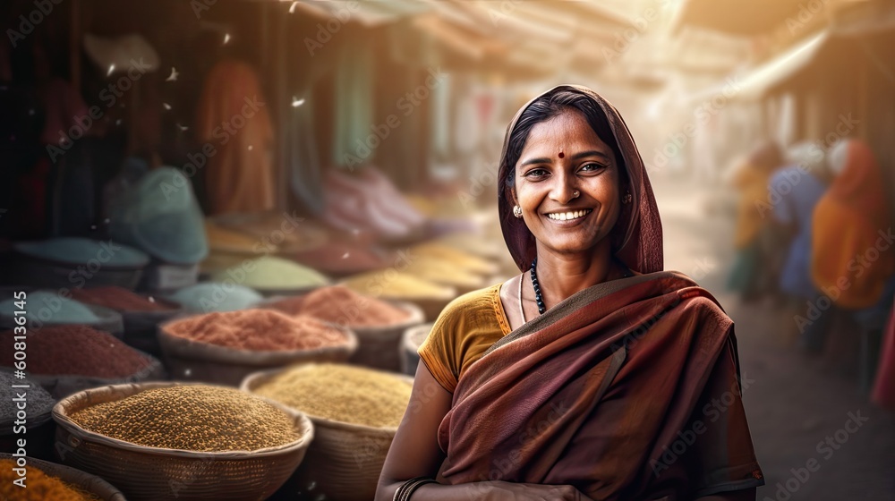 Indian woman sells spices in local market at beautiful sunlight ...