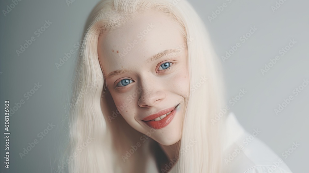 Smiling albino young woman close up portrait in white shirt on white ...