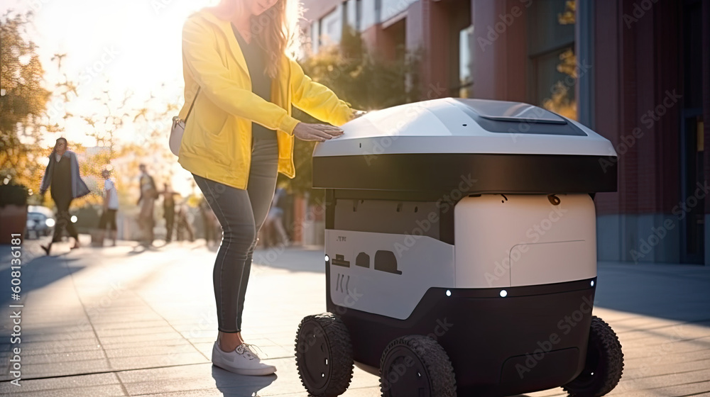 Woman meet delivery robot on street sidewalk, last mile secure package ...