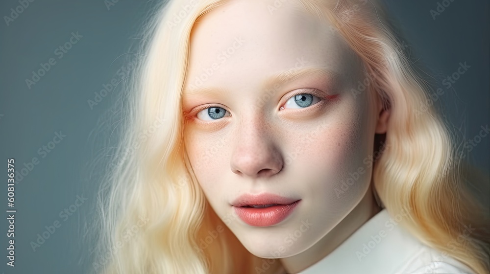 Smiling albino young woman close up portrait in white shirt on white ...