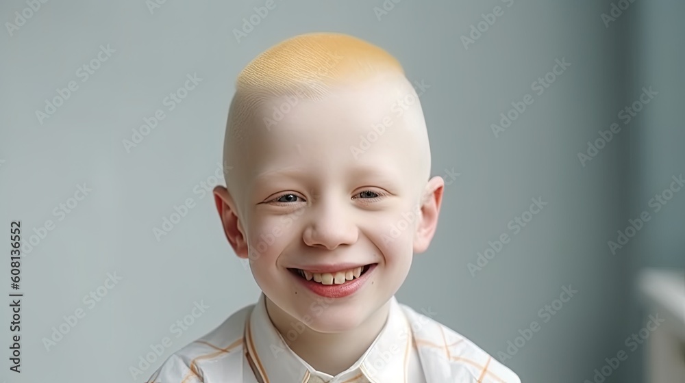 Smiling albino boy portrait in white shirt on solid white background ...