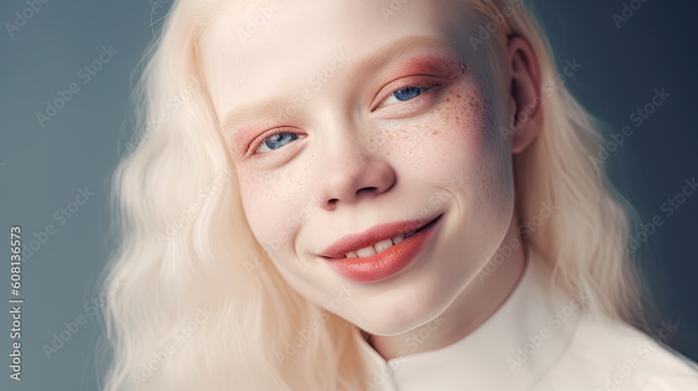 Smiling albino young woman close up portrait in white shirt on white ...