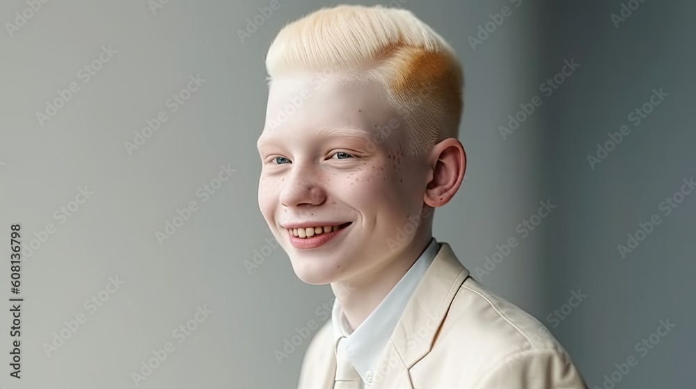 Smiling albino boy portrait in white shirt on solid white background ...