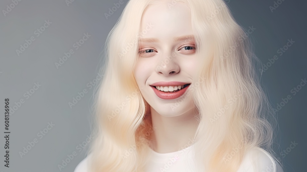 Smiling albino young woman close up portrait in white shirt on white ...