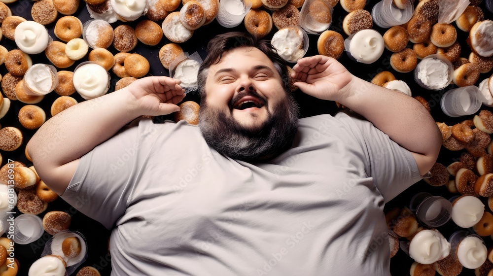 Happy smiling obese man lies among many fast food and unhealthy sugary ...