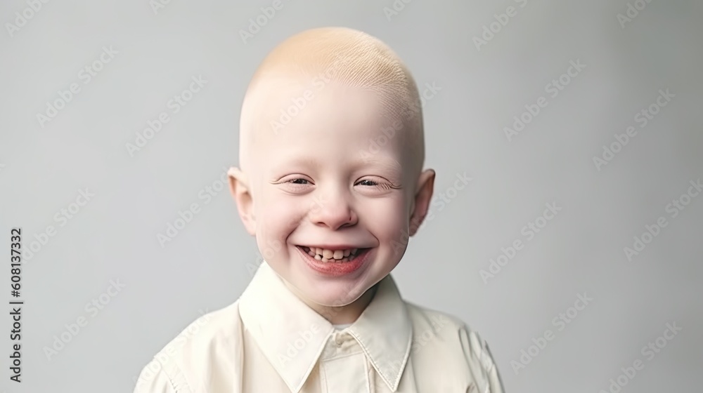 Smiling albino boy portrait in white shirt on solid white background ...